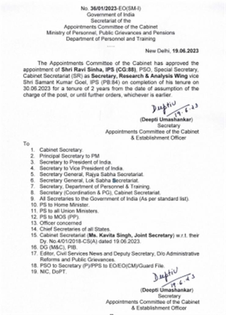 Ravi Sinha appointed new RAW chief